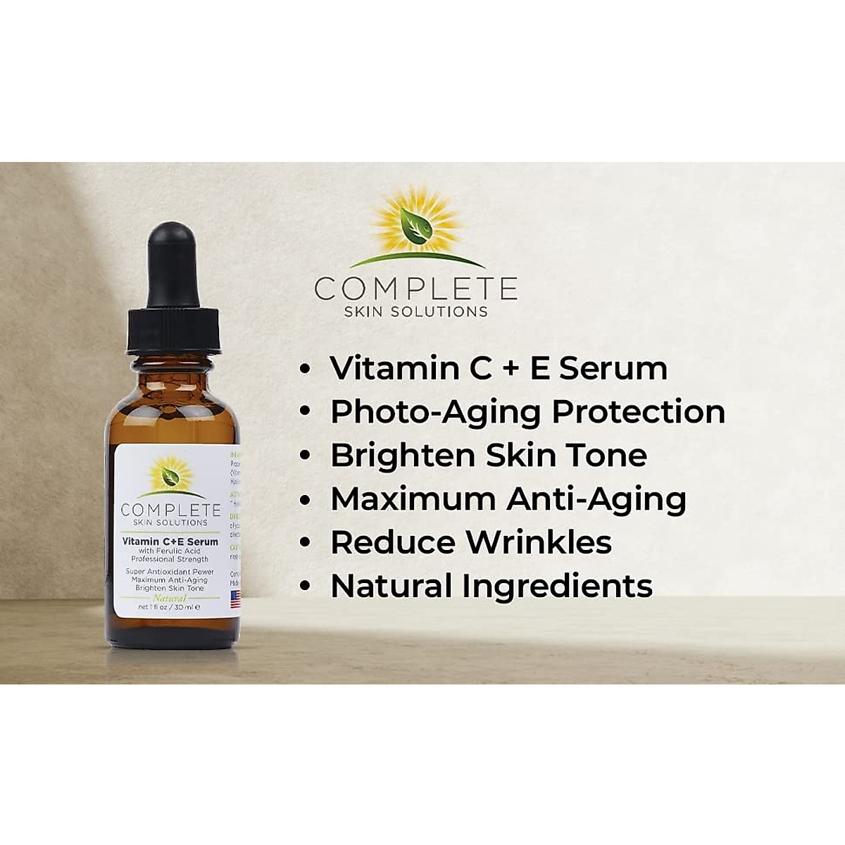 Natural Vitamin C E Serum with Ferulic and Hyaluronic Acid 1 oz