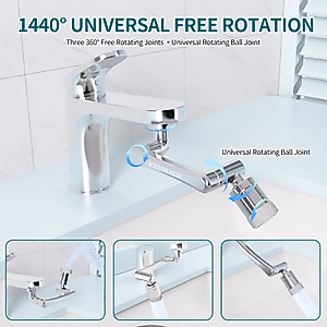 EXSSRACH 1440° Rotating Faucet Extender, Multifunctional 1080°+ 360° Swivel Extension Robotic Arm Sink Aerator for Kitchen/Bathroom, 2 Water Outlet Modes, Silver