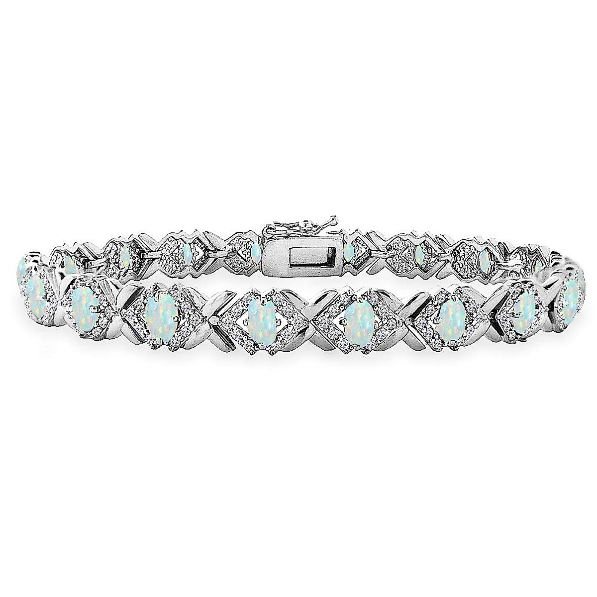 GemStar USA Sterling Silver Synthetic White Opal Oval X Design Polished Tennis Bracelet