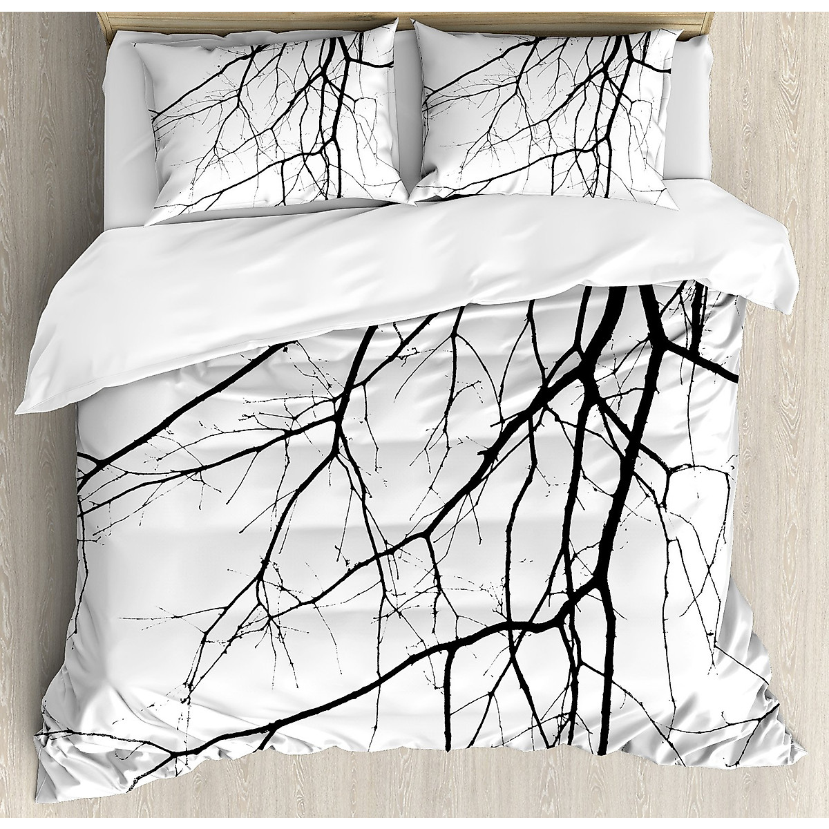 Ambesonne Black and White Duvet Cover Set, Macro Leafless Winter Tree Branches Idyllic Twigs of Oak Nature Print, Decorative 3 Piece Bedding Set with 2 Pillow Shams, Queen Size, Black and White
