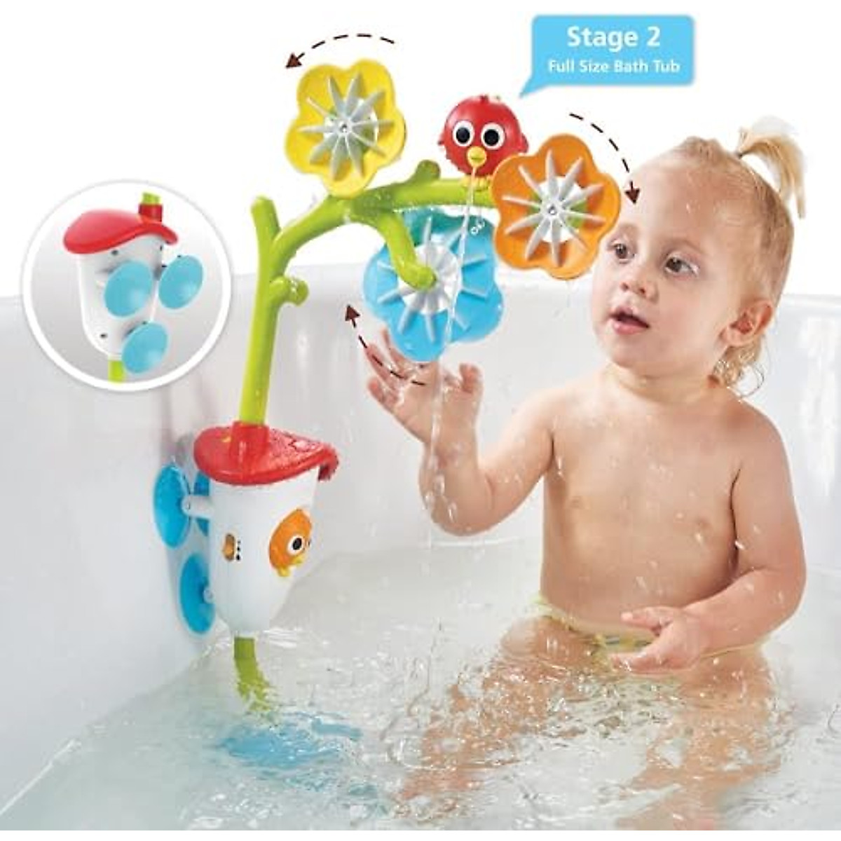 Yookidoo Baby Bath Mobile - Spinning Flowers and Swiveling Fountain for Newborn and Toddler Bath Time Sensory Development (Tub Not Included) - Attaches to Any Size Tub Wall - 0-2 yrs.