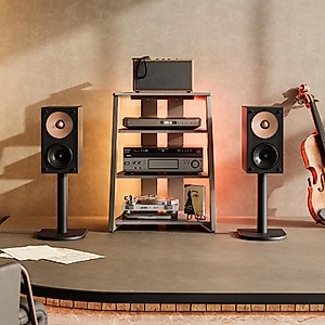 FITUEYES Design 4-Tier AV Media Stand with LED Lights, Wooden Stereo Cabinet, Audio Rack Tower with Adjustable Shelves, Small AV Component Entertainment Stand, Khaki