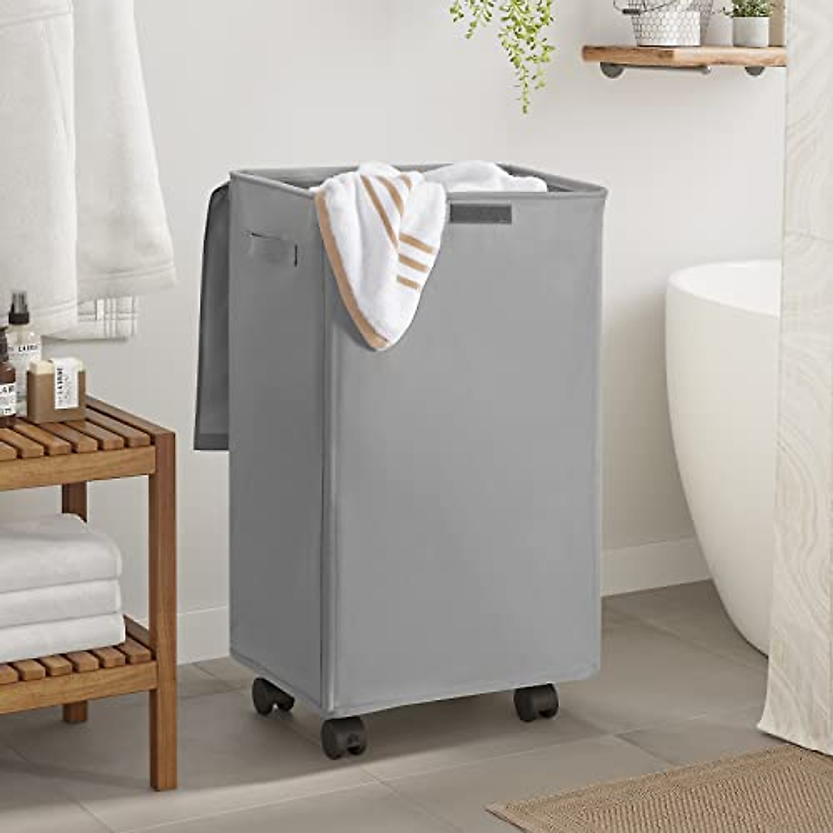 WOWLIVE 90L Large Laundry Hamper with Lid and Wheels Rolling Collapsible Laundry Basket Handle Foldable Tall Dirty Clothes Hamper Dorm Room Storage for Bedroom Bathroom, Grey