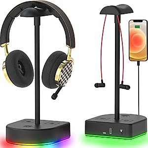 BGMUTCX RGB Headphone Stand with USB Charging Port or Hub, Desk Gaming Headset Holder, Durable Hanger Rack Suitable for Desktop Table, Game,Earphone, PC, Gamer Accessories (Black)