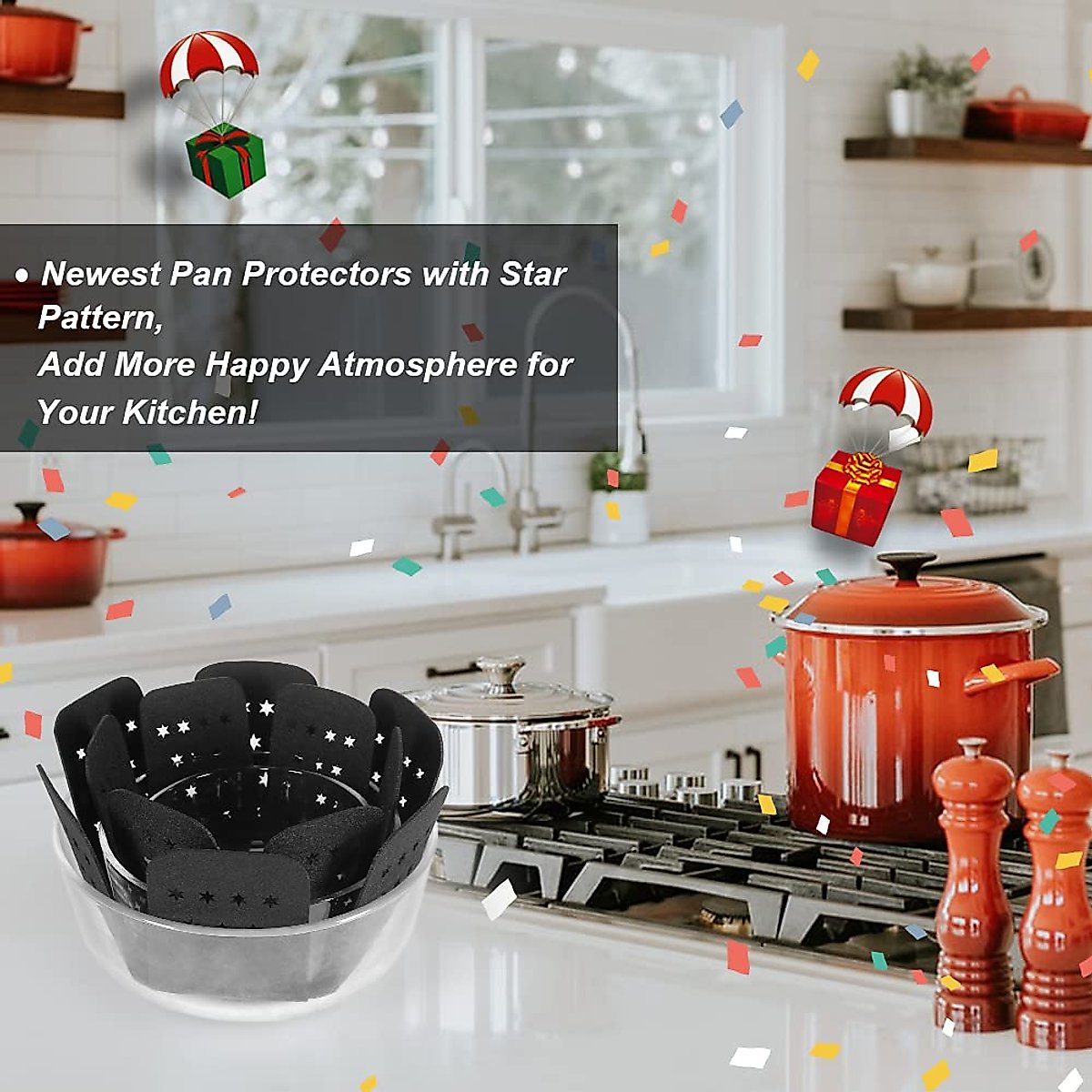BYKITCHEN Pan Protector with Stars, Set of 12 and 3 Different Sizes, Black Pan Separators, Felt Pot Protectors for Stacking and Separating Your Cookware