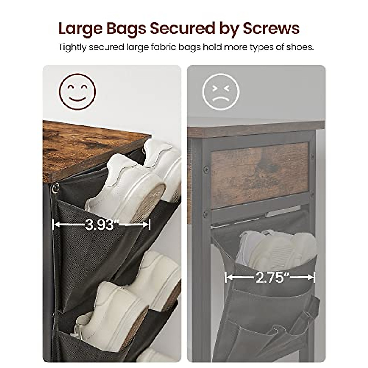 VASAGLE 5 Tier Extra Long Shoe Rack, 39.4 Inches Shoe Organizer with 8 Side Pockets, Shoe Shelf for Closet Entryway, with 4 Fabric Shelves, Steel Frame, Industrial, Rustic Brown and Black ULBS039B01