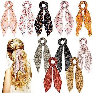 Chuangdi 10 Pcs Hair Scrunchies Hair Scarf with Ribbon Bunny Ears Chiffon Floral Bow Ponytail Holder Boho Elastic Floral Ropes 2 in 1 Vintage Accessories for Women