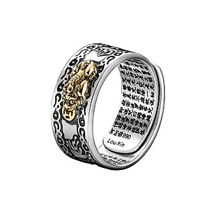 Feng Shui Pixiu Mantra Ring Buddhist Vintage Ring Adjustable Good Luck Amulet Mantra Double Protection Wealth Love Health Ring Gift for Men Women (A)