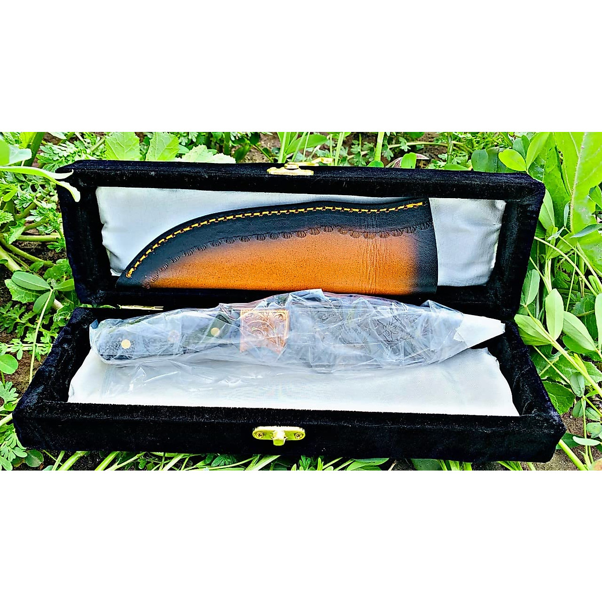 HF ENTERPRISES 440 Stainless Steel Hand Engraved Fixed Blade Hunting Camping Survival tactical EDC Knife with Leather sheath and storage box