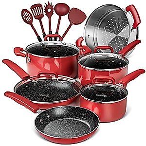 MICHELANGELO Pots and Pans Set Nonstick, 15 Pcs Kitchen Cookware Sets with Porcelain Enamel Exterior and Nonstick Granite-derived Coating, Enamel Cookware Set with 5 Utensils - Red