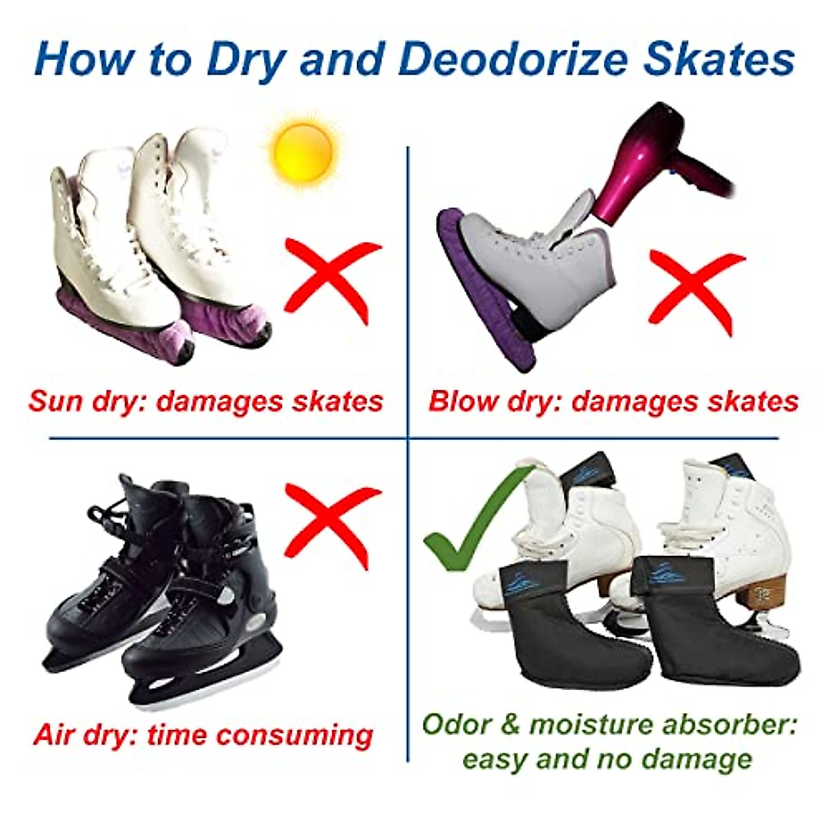 Odor Eliminator Moisture Absorber (1 pair) for Ice Skates, Roller Skates, Hockey Skates, Ski Boots, Work Boots, Sneakers