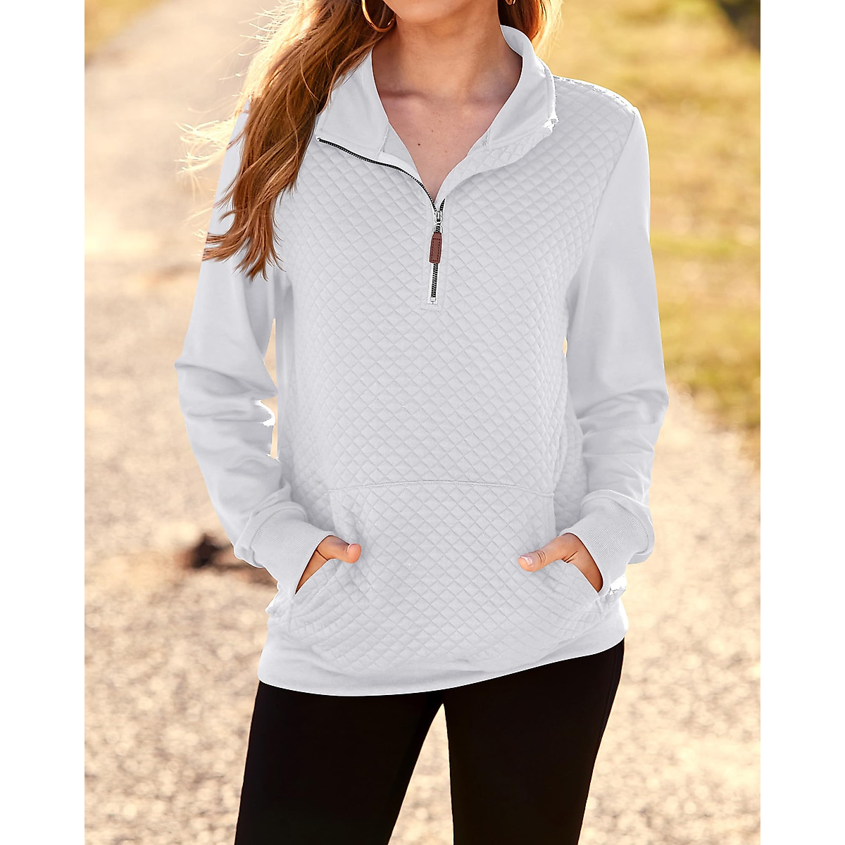 BTFBM Women Fashion Quilted Pattern Lightweight Zipper Long Sleeve Plain Casual Ladies Sweatshirts Pullovers Shirts Tops (White, Large)