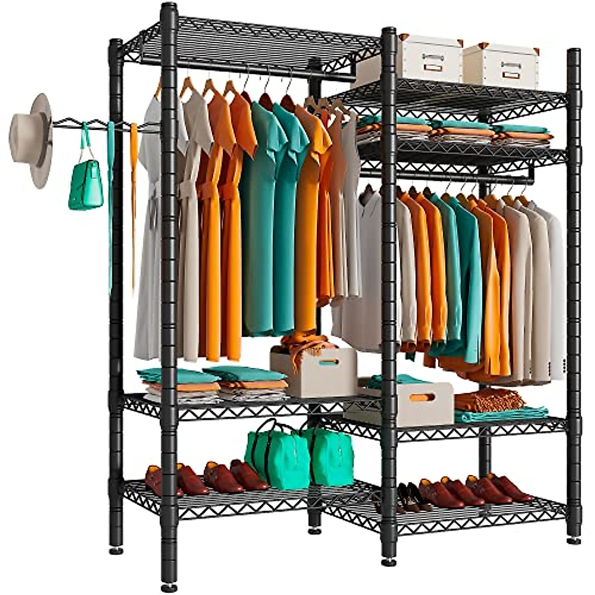 PUNION Wire Garment Rack, Heavy Duty Clothes Rack for Hanging Clothes, Metal Clothing Rack, Compact Freestanding Wardrobe Closet with Shelves Racks