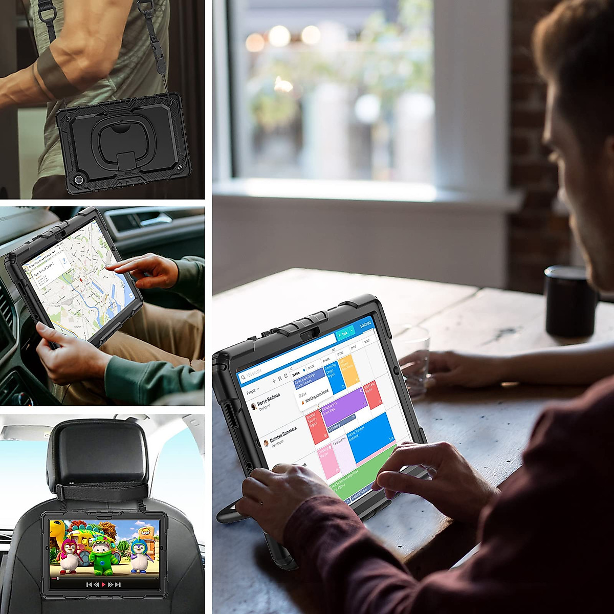 VetvonSamsung Galaxy Tab A8 10.5 Case (SM-X200/X205/X207)-Heavy Duty Protection Shockproof Case,360°Rotating Hand Stand with Pencil Holder Adjustable Shoulder Strap for Galaxy tab A8 Case-Black