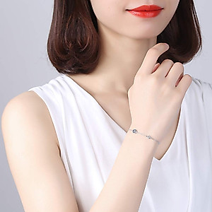 TONGZHE Blue Evil Eye Cross Link Bracelet in Sterling Silver 925 with CZ Adjustable 6.2"/6.6"/7" Cable Chain