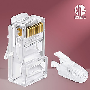 Everest Media Solutions RJ45 Cat6 Pass Through Connectors and Strain Relief Boots - Pack of 100/100 - EZ to Crimp Modular Plug for Solid or Stranded UTP Network Cable - Male Ethernet Connector End