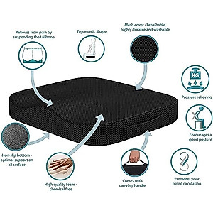 Seat Cushions for Office Chairs，Portable Memory Foam Seat Cushion for Coccyx Non Slip Bottom with Carry Handle,Washable Cover (Black)