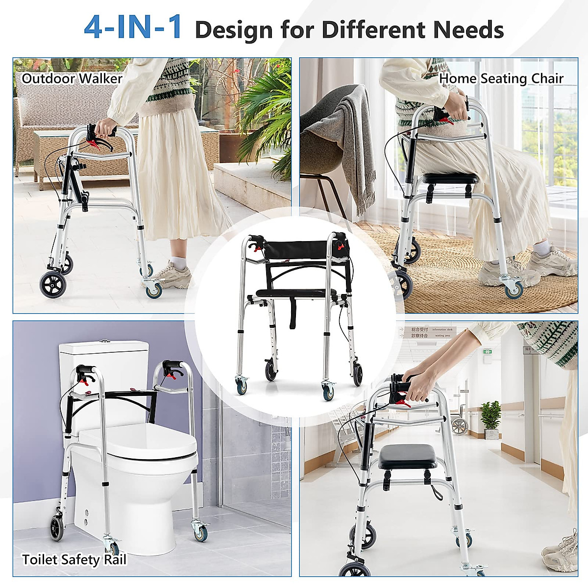 GYMAX Walkers for Seniors, 2-Button Folding Walker with 5” Lockable Wheels, Padded Seat & Trigger Release, 350lbs Height Adjustable Standard Walker, Foldable Rolling Adult Walker