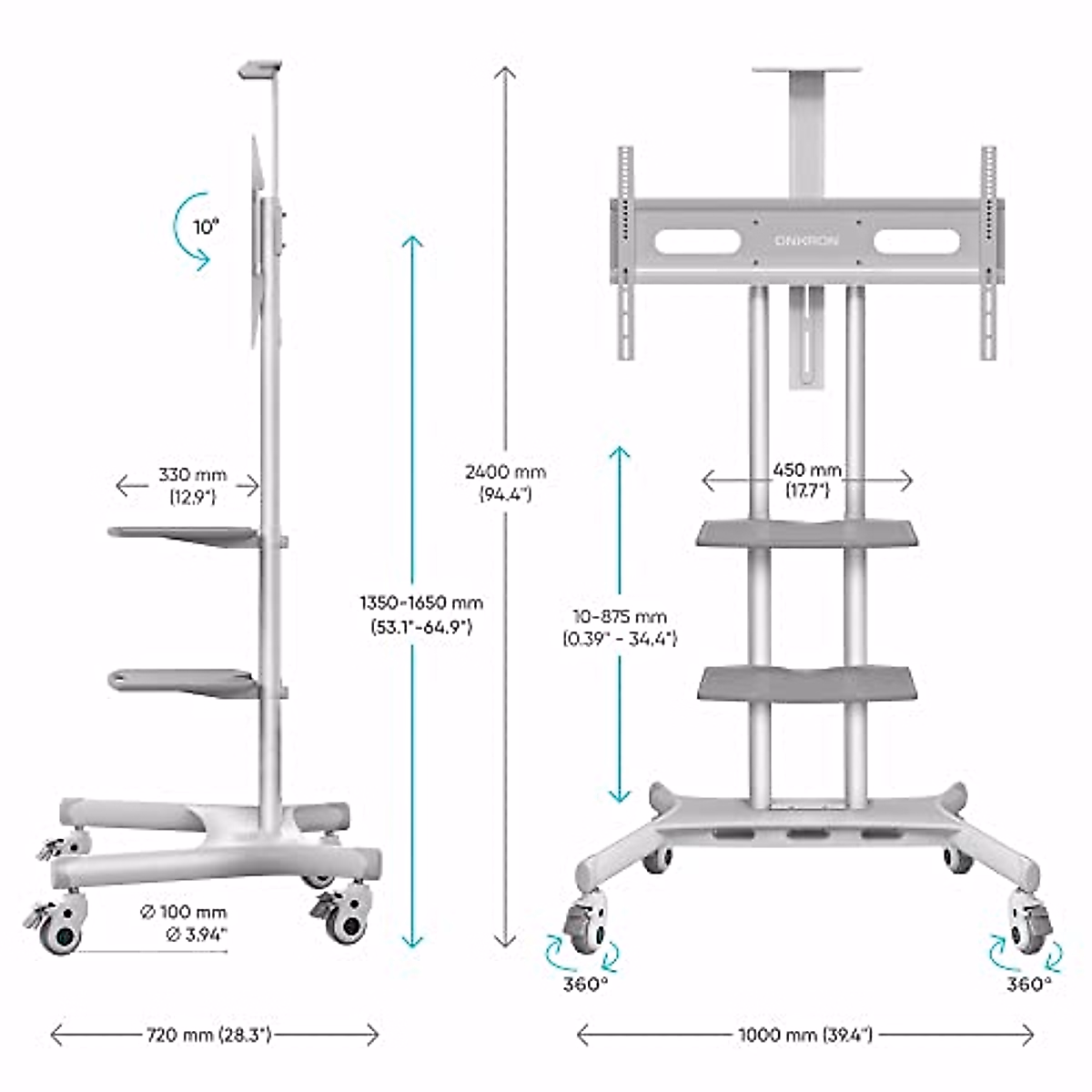 ONKRON Mobile TV Stand for 50-83 Inch LCD LED OLED TVs up to 200 lbs with TV Mount Tilt Adapter up to 10 Degrees and Swivel Locking Caster Wheels TS1881 White+ATL1881+AWL75wht (3 Items Bundle)
