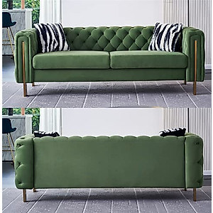 Melpomene Modern Button Tufted Velvet Sofa, Chesterfield Sofa with Square Arm,Gold Metal Legs and 2 Throw Pillows for Living Room(Mint Green)