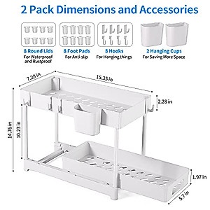 XEAPOMS Under Sink Organizers and Storage, 2 Pack Multi-Purpose Under Sink Organizer with Sliding Storage Drawer, 8 Hooks & 2 Hanging Cups, 2 Tier Under Sink Storage for Cabinet Bathroom Kitchen,White