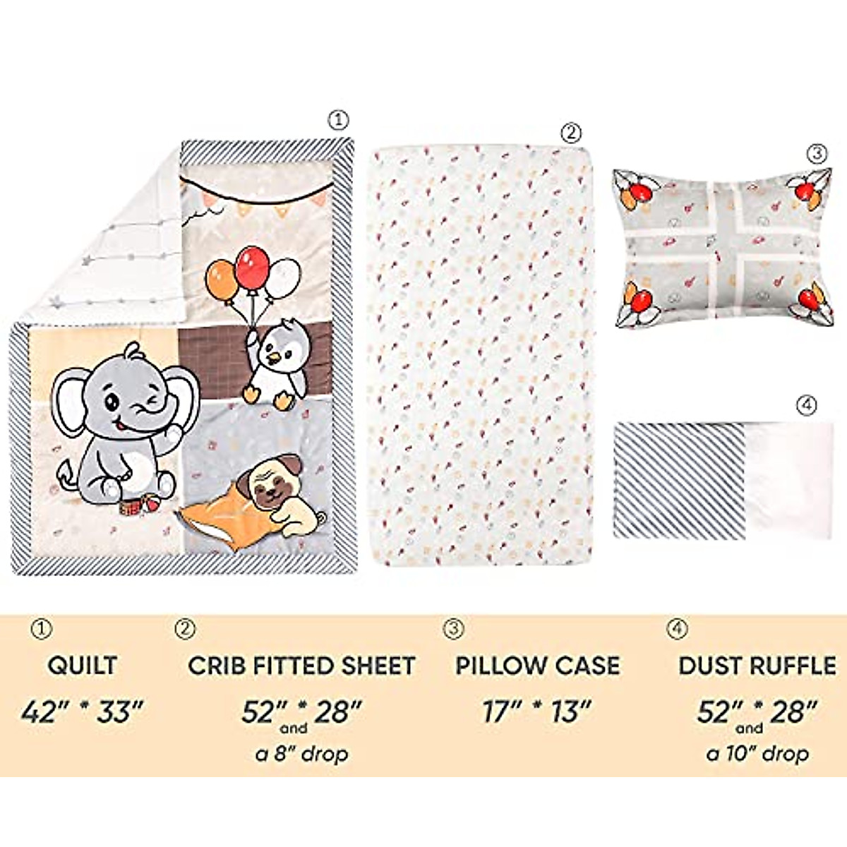 Orange Infinity 4 Piece Dreamland Crib Bedding Sets for Boys and Girls for Standard Size Crib | Nursery Baby Bedding Set of Crib Fitted Sheet, Crib Quilt, Dust Ruffle & Pillow Case, Grey