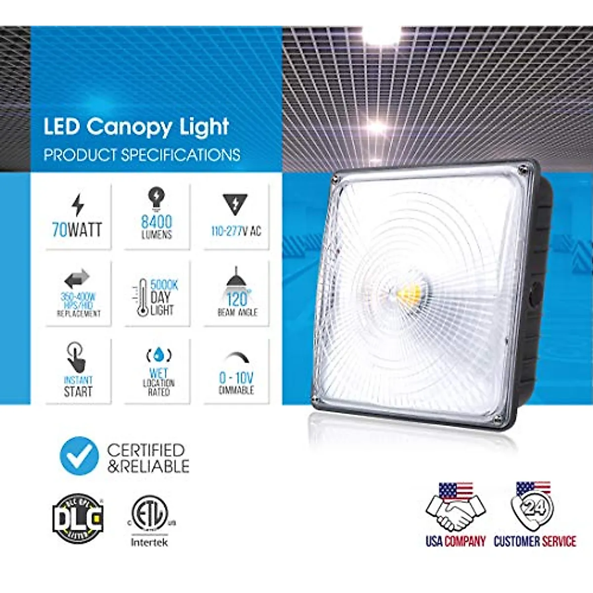 Parmida (4 Pack) LED Canopy Light, 70W, Dimmable, 110-277VAC, IP65 Waterproof, ETL-Listed, 5000K, 9.6” x 9.6”, Gas Station, Street, Area & Outdoor Lighting, Commercial Grade, Bronze