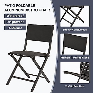 RICNOD Textilene Folable Patio Bistro Set, Padded Aluminum Rustproof Outdoor Seating Set with Table and 2 Chairs, for Porch, Garden, Backyard, Dark Grey