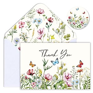 Whaline 20 Pack Wildflower Thank You Cards Bulk Flower Butterfly Greeting Cards with Envelopes and Stickers Spring Floral Blank Note Cards for Birthday Wedding Baby Shower Bridal Shower, 4 x 6 Inch