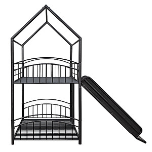 House Bunk Bed with Slide, Twin Over Twin Metal Bunk Bed with Roof and Security Guardrail, Floor Bunk Bed for Kids Teens Boys & Girls, Convertible Design (Black)