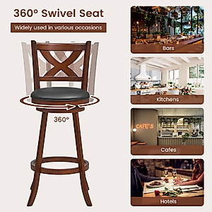 Giantex 30” Bar Stools Set of 2, 360° Swivel Counter Height Stools with Back, Solid Rubber Wood Frame, Leather Padded Seat, Vintage Upholstered Armless Farmhouse Barstools for Kitchen Island Home Bar