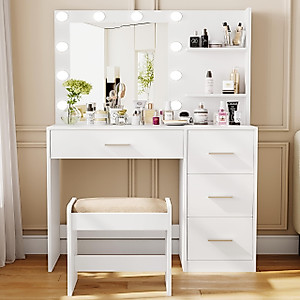 Rovaurx Makeup Vanity Table Set with Lighted Mirror, Makeup Vanity with Storage Shelf and 4 Drawers, Bedroom Dressing Table, Cushioned Stool & 10 LED Lights, White RSZT104WD