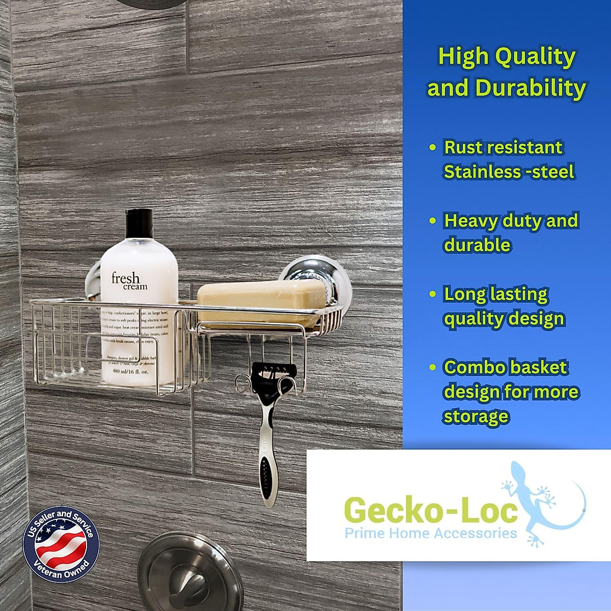 Gecko-Loc Large Combo suction cup wall mount bathroom shower caddy - shampoo storage basket shelf organizer caddie bath shelves - Silver
