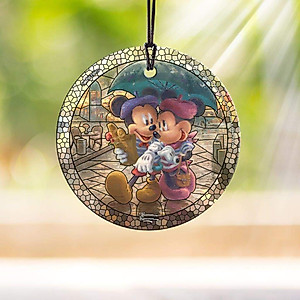 Trend Setters Disney – Mickey and Minnie in Paris – Artwork by Thomas Kinkade Studios – 3.5” Starfire Prints Hanging Glass Print Accessory - Ideal for Gifting and Collecting