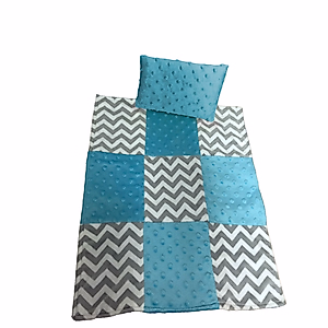Baby Doll Cuddly Minky Chevron Patch Doll Blanket and Pillow Set, Aqua