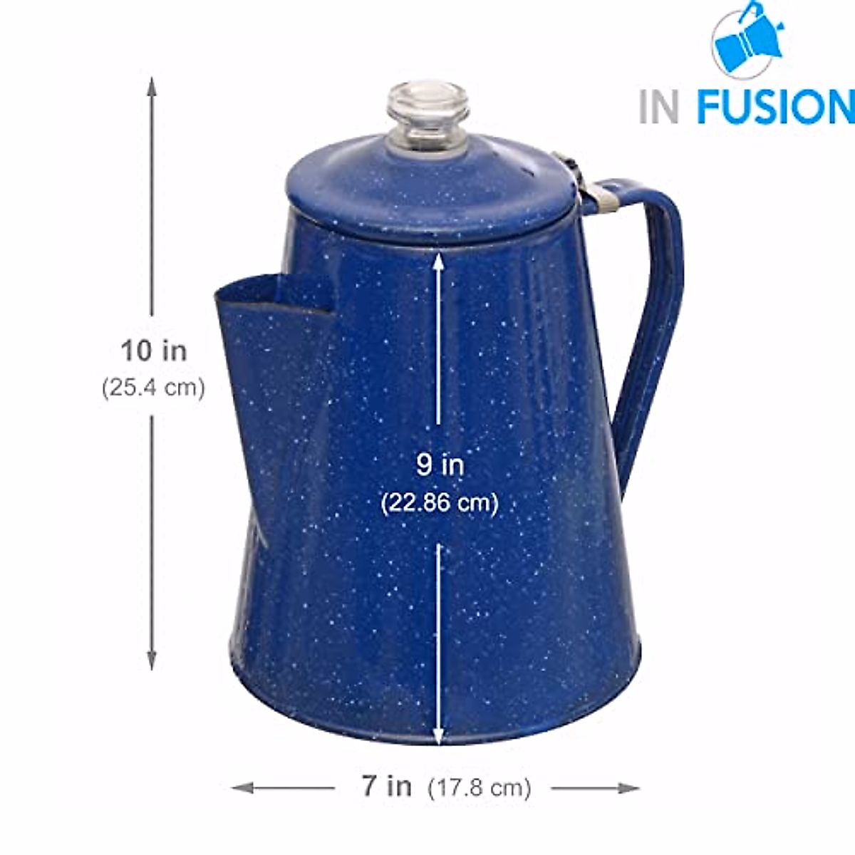 Camping Coffee Percolator - Enamel Coating Gloss Finish And Glass Cap For Backpacking, Campsite, Kitchen And FireCoffee Pot Makes 12 Cups - Comes With Basket For Grounds And Stainless Steel Spoon