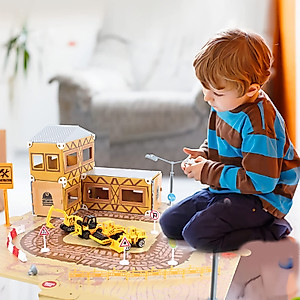 136PCS Construction Site Toy Vehicle Set, STEM Building Toys with Play Mat for Kids Boys, DIY Engineering Project Kits with Playmat, Best Toy Gift for 4 5 6 7 8 9 10 Years Old