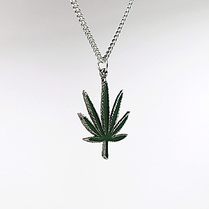 Real Metal Marijuana Weed Pot Leaf Green Enamel on Silver Finish Pewter Pendant Necklace