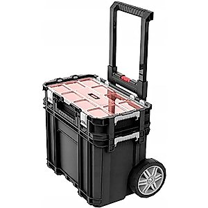 Keter Mobile Hawk Cart and Stackable Tool Box System and Organizer with Telescopic Comfort Grip Handle - Perfect Organization and Storage Chest for Power Drill, Tape Measure, and Small Parts