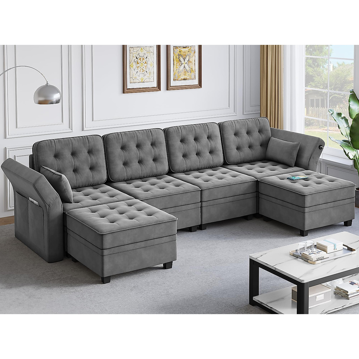 DWVO Modular Sectional Sofa, U Shaped Sectional Couch with Reversible Chaise Velvet 6-Seater Sectional Couch with 3-Position Adjustable Armrests and USB Port