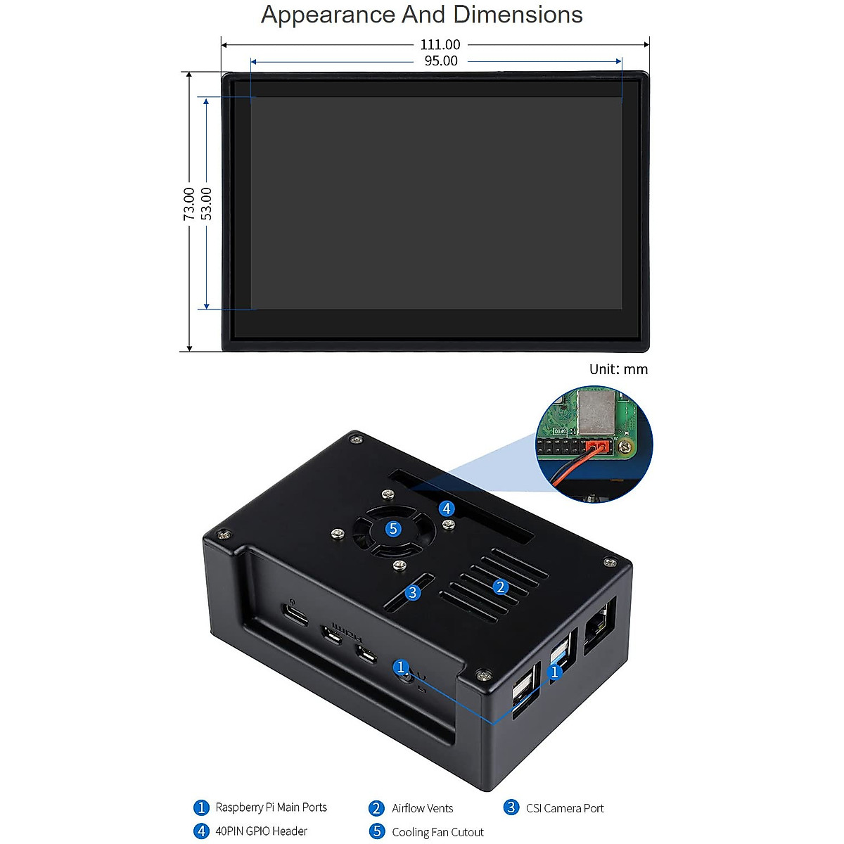 Waveshare 4.3inch Capacitive Touch Display Compatible with Raspberry Pi 4B Comes with Protection Case 800×480 Resolution IPS Wide Angle MIPI DSI Interface