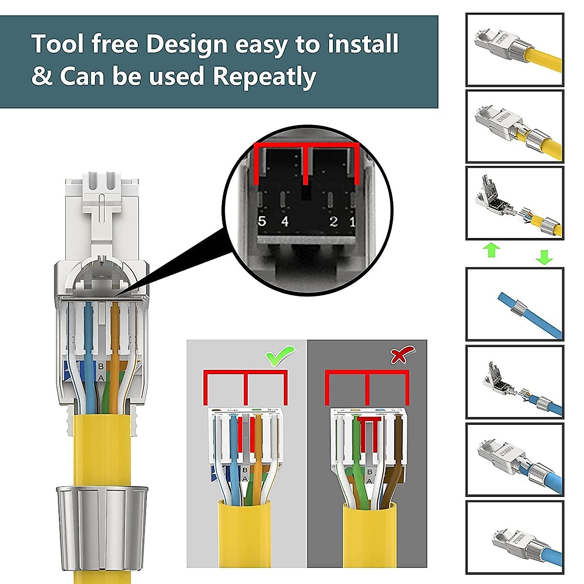 VCELINK RJ45 Cat6A Connectors Tool-Free Reusable Shielded Ethernet Termination Plugs for 23AWG SFTP UTP Cable, 10G Easy Internet Plug, Fast Field Installation 4 Pack