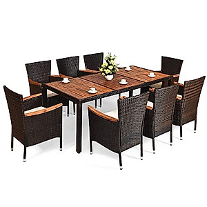 ReunionG 9PCS Outdoor Patio Dining Set, Garden Rattan Wick Furniture Set w/Acacia Wood Table and Stackable Armrest Chairs, Garden Dining Set for Patio, Poolside, Balcony and Indoor, Cushions Included