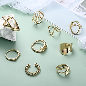 FIBO STEEL 9 Pcs Gold Chunky Rings for Women 18K Gold Plated Ring Set Dome Thick Open Rings Adjustable Gold tone