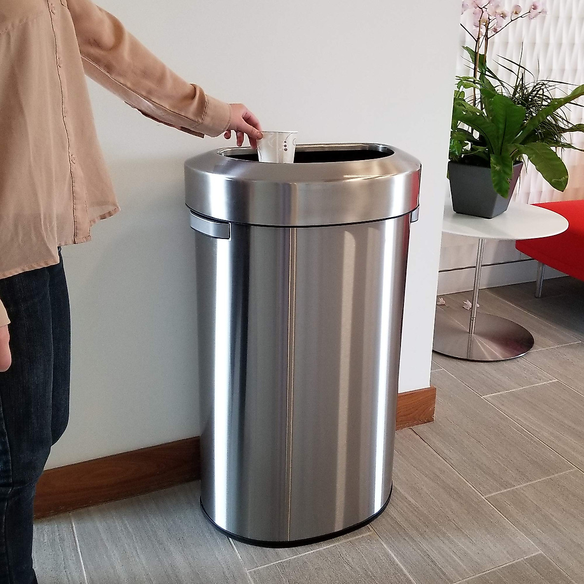 iTouchless Stainless Steel Trash Can and Recycle Bin, Slim and Space-Saving Design for Home, Office, Kitchen, Restaurant, Restroom, Large Capacity, 23 Gallon / 87 Liter, Open Top, Semi Round 23 Gal