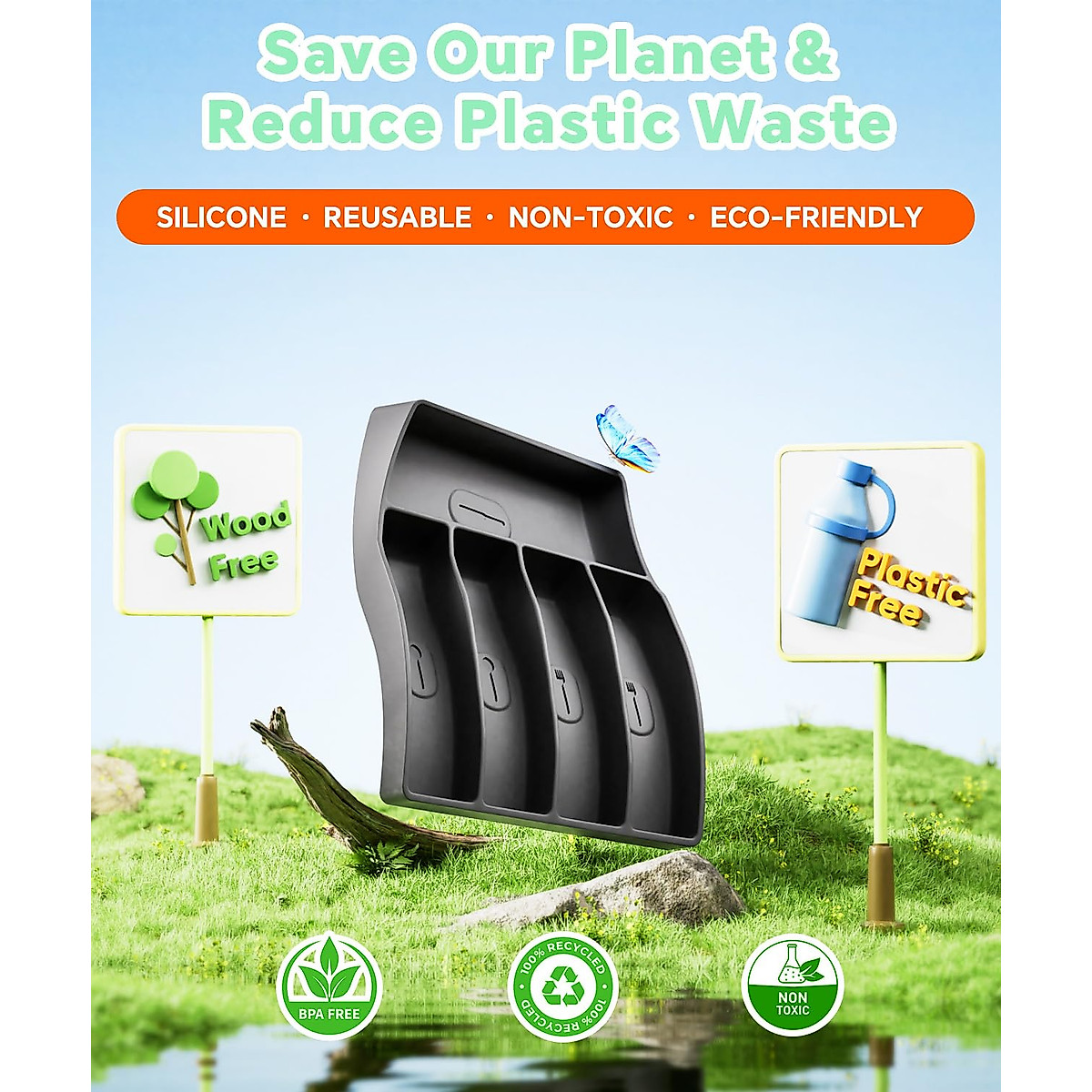 EUHOME Silicone Silverware Drawer Organizer Tray