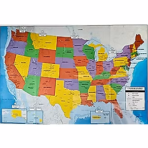 United States USA Wall Map 39.4" x 27.5" State Capitals Cities State & International Boundaries Major Rivers Lakes Timeline