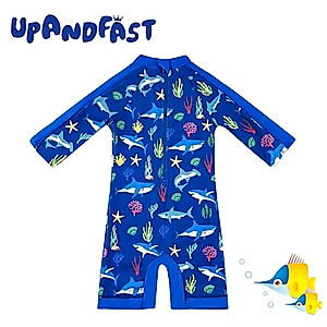 upandfast Baby Boy Swimsuit with Snap Bottom UPF 50+ Sun Protection Toddler One Piece Swimwear (Blue Shark, 9 Months)