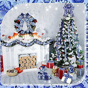 Lyrow 6 Rolls Christmas Chinoiserie Ribbon White and Blue Wired Edge Floral Ribbon Butterfly Flower Pattern Fabric Craft Wreath Bow Wrapping 2.52 Inches by 5 Yards