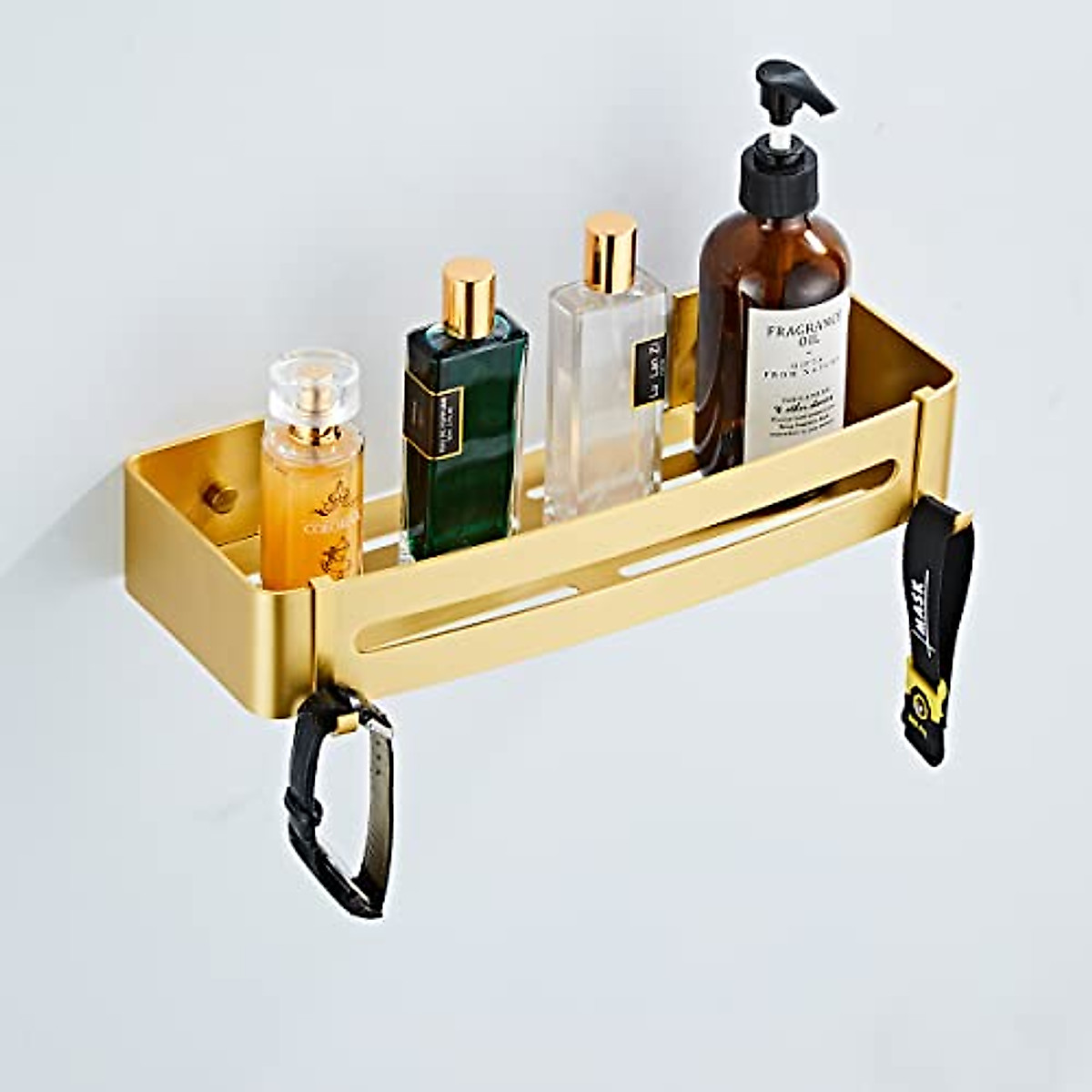 Brushed Gold Shower Shelf Adhesive or Drilling Shower Caddy Bathroom Cosmetic Shelf with Hooks